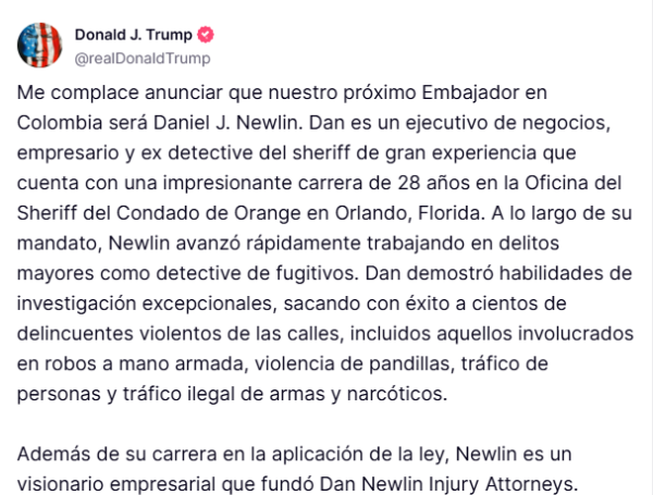 Donald Trump anuncia a Daniel J. Newlin como nuevo embajador de Estados ...
