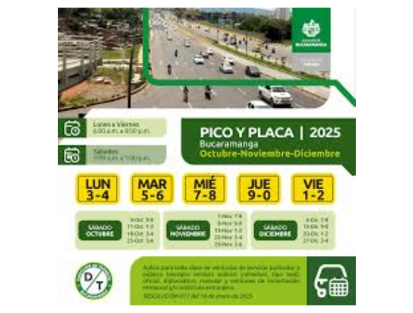 ¡Ojo con la movilidad! Pico y placa en Bucaramanga para el miércoles 1 de octubre de 2025