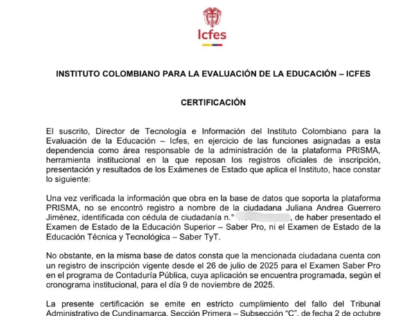 Jennifer Pedraza compartió certificado del Icfes en el que se confirma que Juliana Guerrero no ...