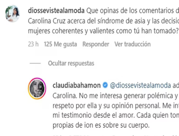 Claudia Bahamón defiende a Carolina Cruz y pide respeto