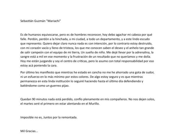 Sebastián Guzmán pidió perdón a los hinchas del Tolima tras su ...