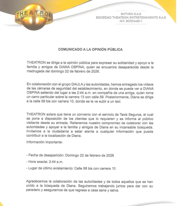 Theatron se pronuncia tras la desaparición de Diana Ospina al abordar ...