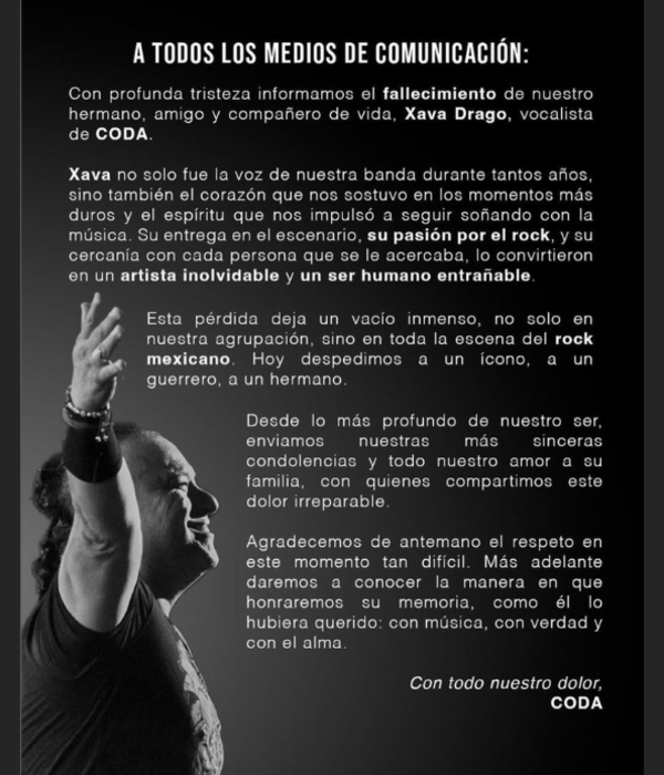 Muere Xava Drago, vocalista de la banda de rock mexicana Coda, a los 56 ...