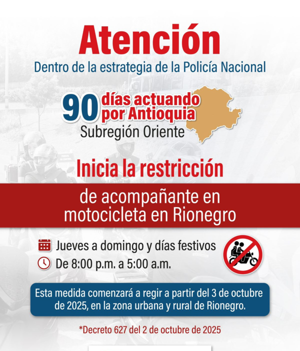 Antioquia: en Rionegro decretan la prohibición de parrillero hombre